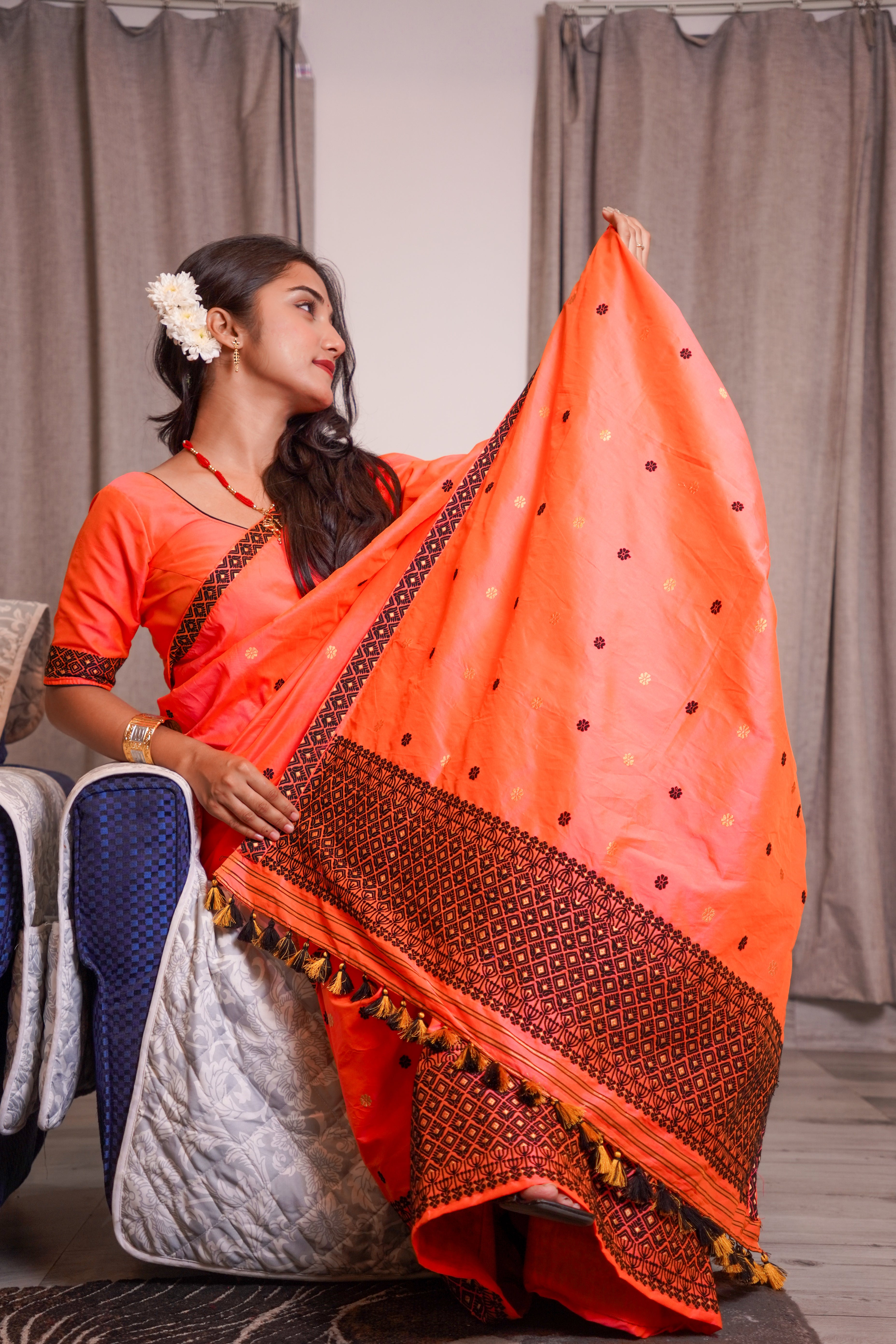 Assam Handloom Mekhela Chador - Bright Orange Mix Pat Silk Saree